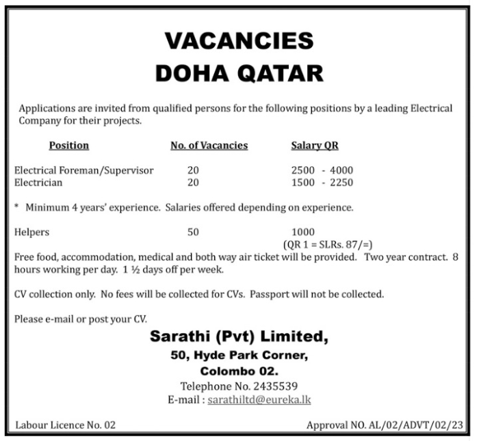 Doha Qatar Job vacancies For Sri Lankans – Sarathi (Pvt) Ltd
