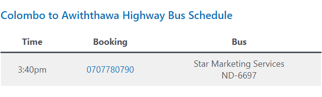 Colombo to Awiththawa Highway Bus Timetable