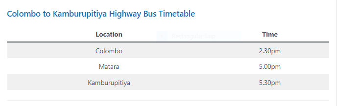 Colombo to Kamburupitiya Highway Bus Timetable